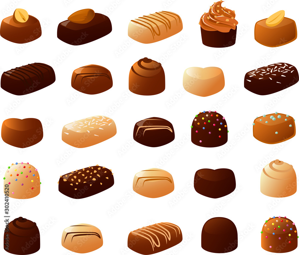 Vector illustration of various filled chocolates with different shapes ...