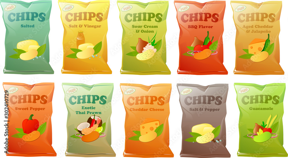 Vector illustration of various chips bags with different flavors Stock ...