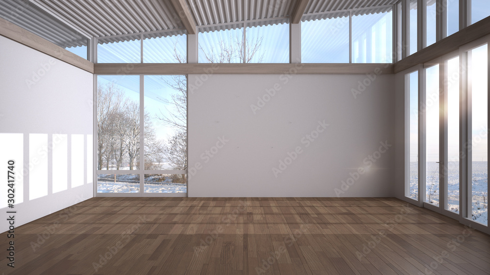 Empty room interior design, open space with big panoramic windows on ...