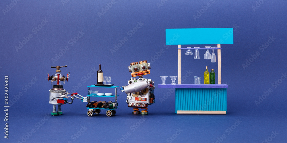 Funny restaurant staff characters, bar counter service area. Barman ...