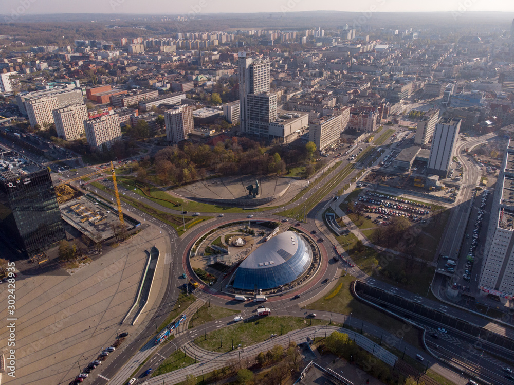 Aeriale view of Katowice. Modern Buildings and city roads. Katowice is ...
