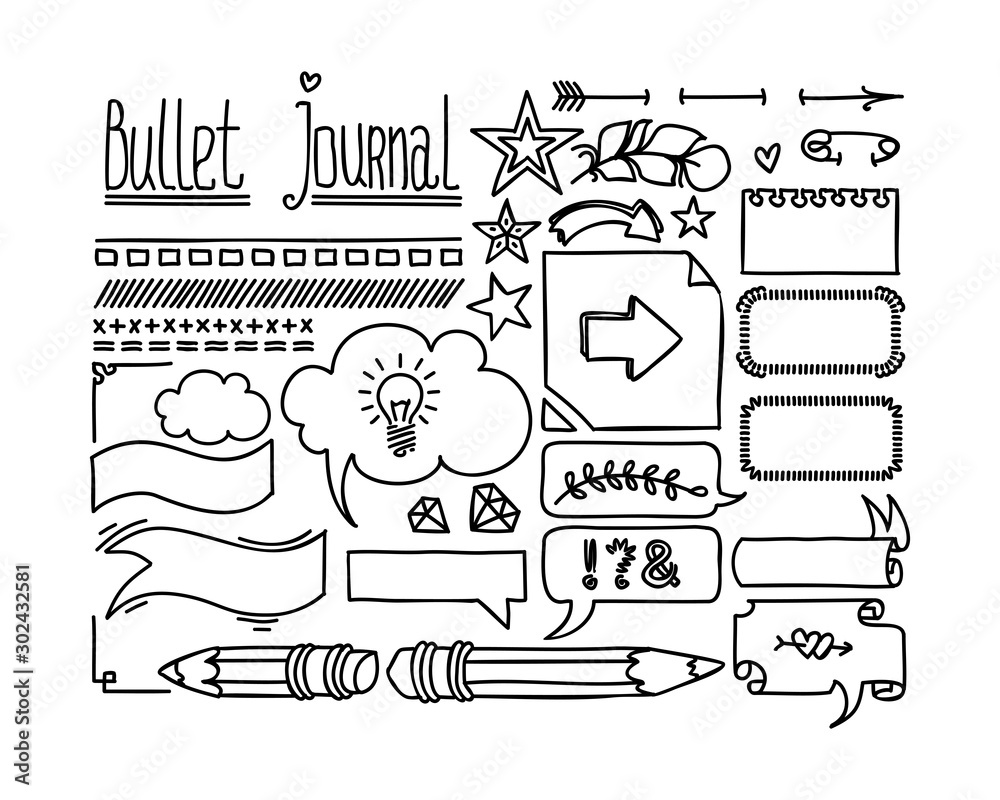 Bullet journal and diary elements. Cute Hand drawn Doodles frames and ...
