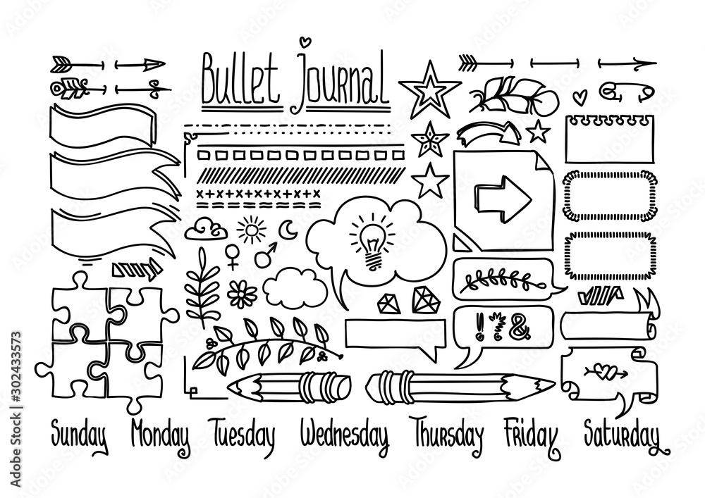 Bullet journal and diary elements isolated on white. Cute Hand drawn ...
