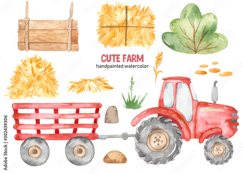 Watercolor cute farm with a red tractor with a trailer, hay, plate ...