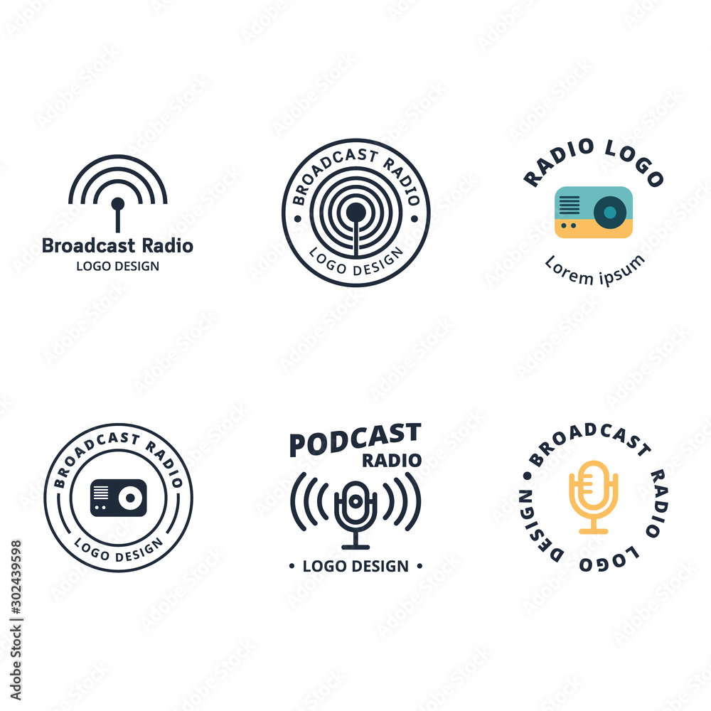 Broadcast radio logo template. Radio and microphone vector emblems set ...