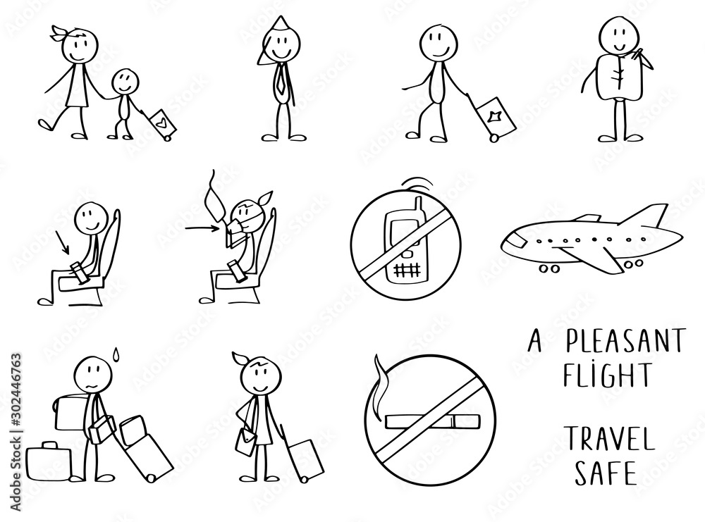 Stick figures symbolizing travel by airplane. Sitting in the chairs and ...