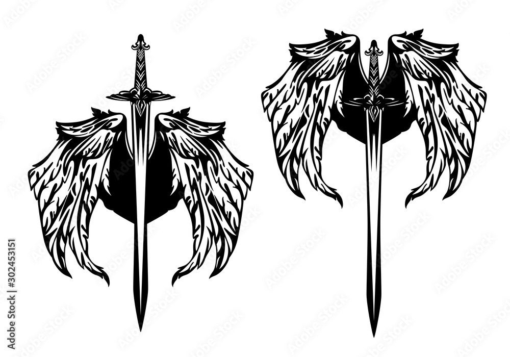 set of medieval sword blades pointing down with eagle wings spread ...