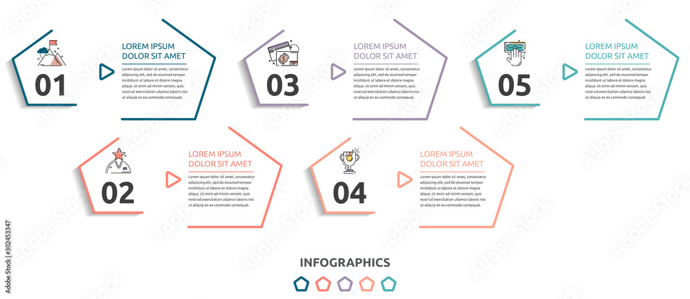 Vector flat infographic template. Line pentagon with text and icons for five diagrams, graph ...