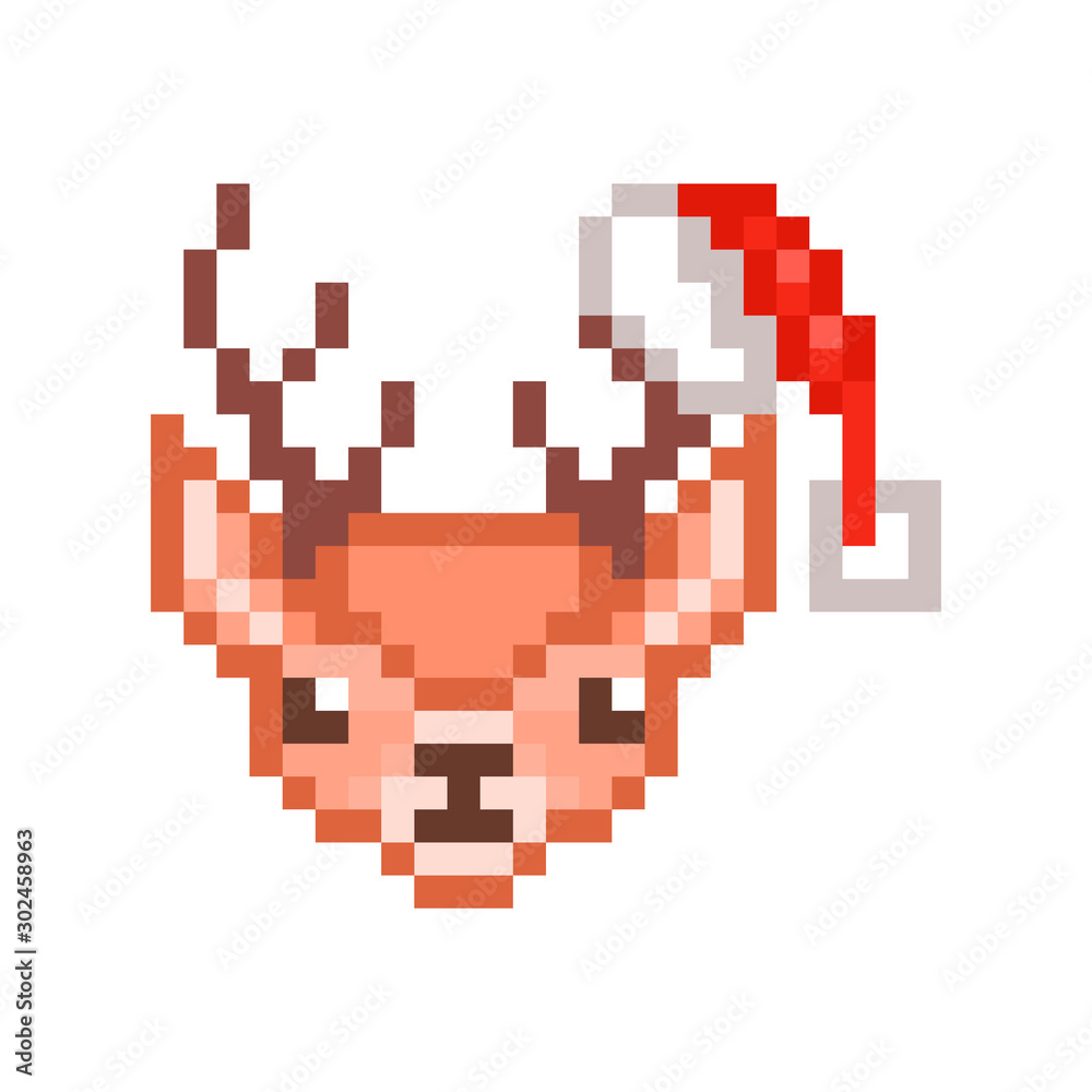Cute Santa's reindeer wearing Christmas hat on a horn, pixel art ...
