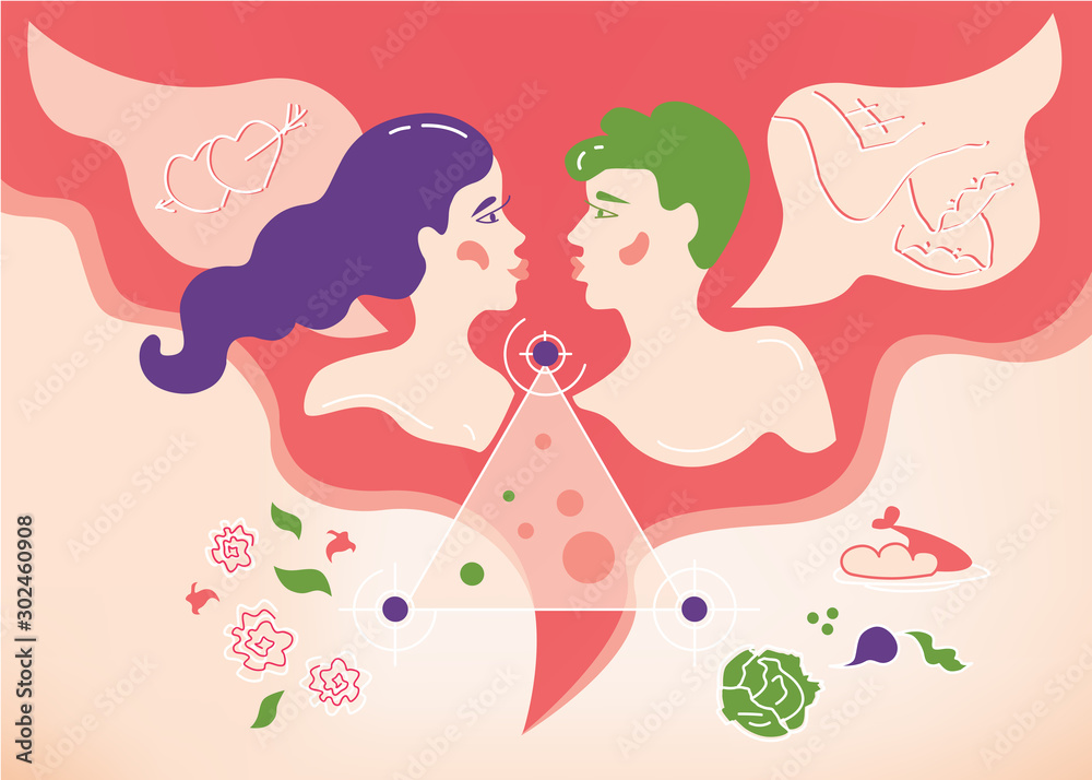 Loving Couple illustration, silhouettes of lovers man and woman in bed ...