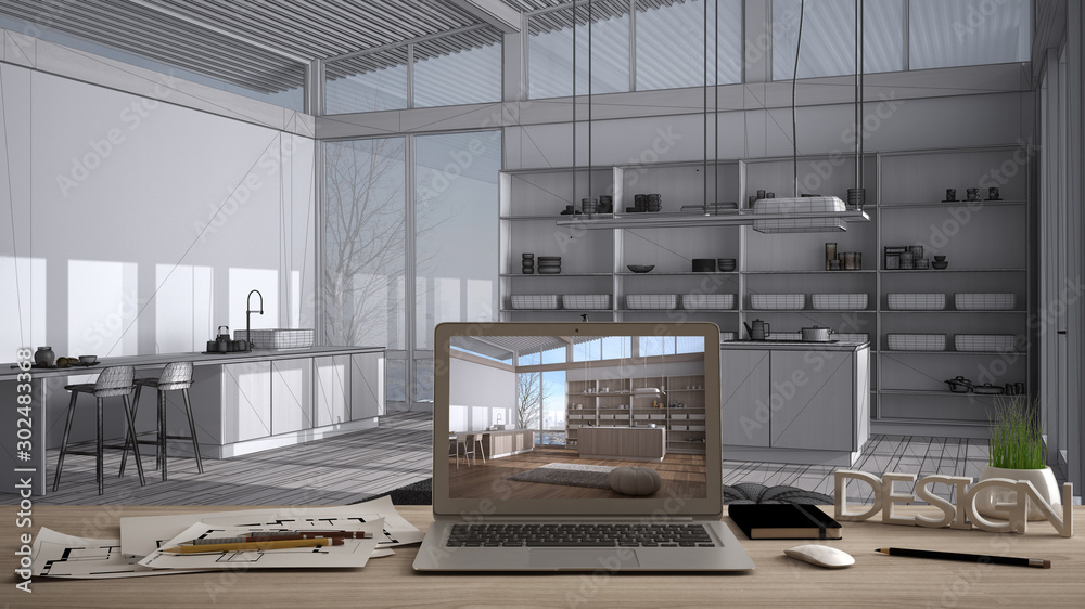 Architect designer desktop concept, laptop on wooden work desk with ...