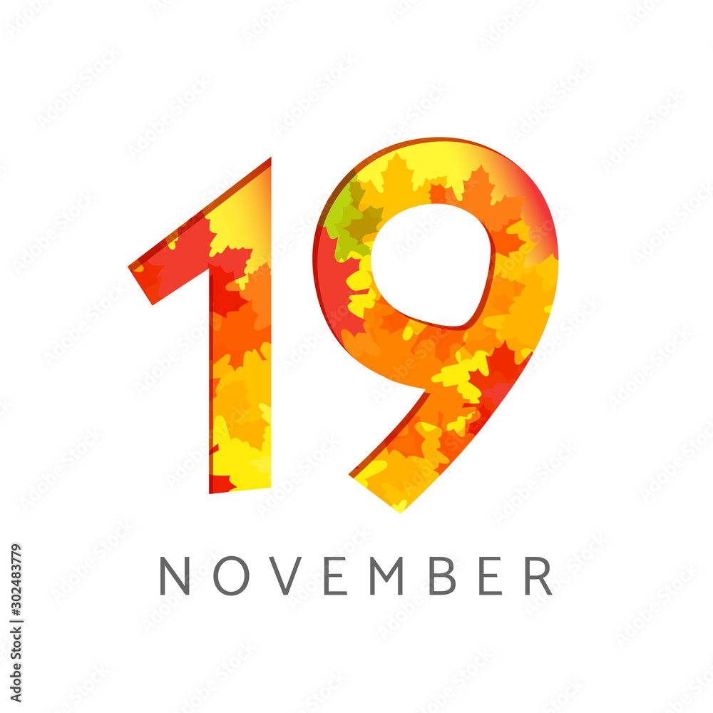 19 th of November calendar numbers. 19 years old autumn logotype ...