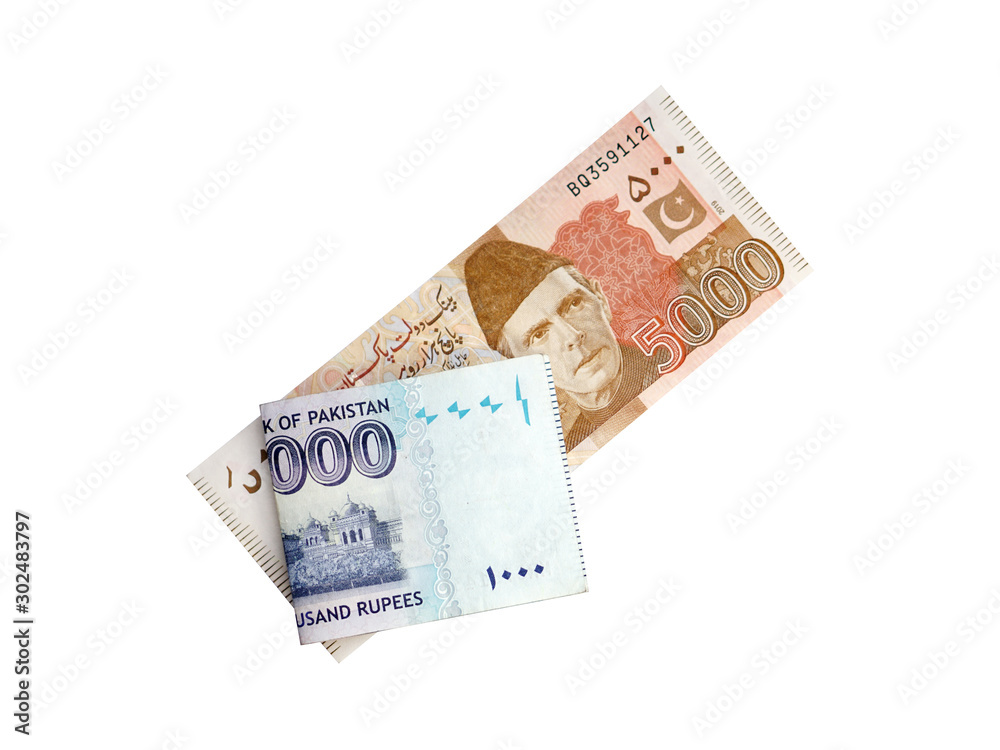 5000 & 1000 Pakistani Rupees Currency Notes on an isolated white ...