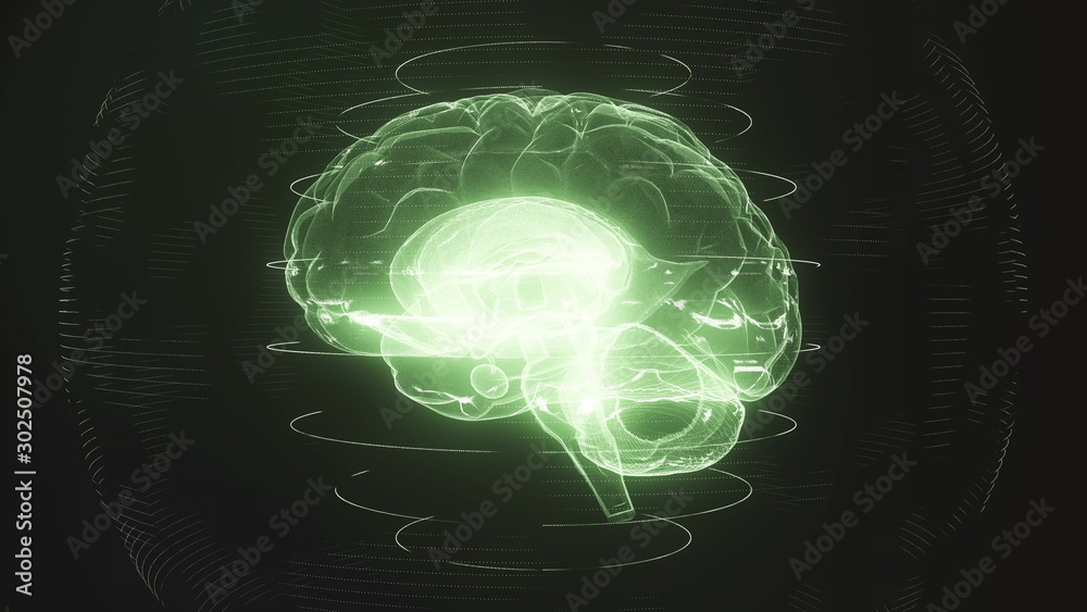 Futuristic green digital brain in particle cyberspace. Neurons firing ...
