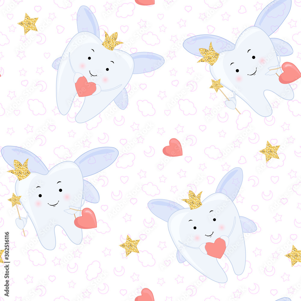 Tooth fairy Vector cartoon illustration. Stylized tooth Seamless ...