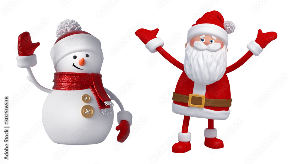 3d Snowman and Santa Claus. Christmas clip art set isolated on white ...