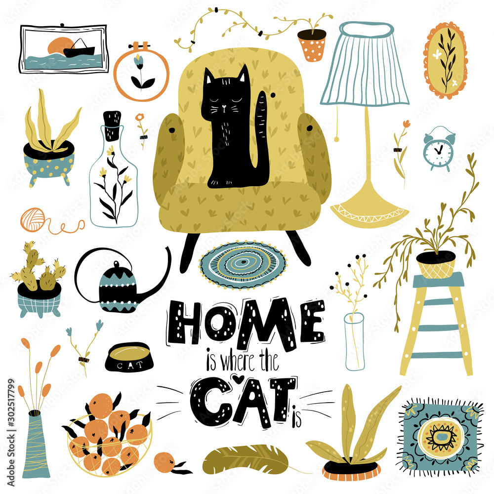 Vector poster, postcard with a black cat in the apartment of a ...