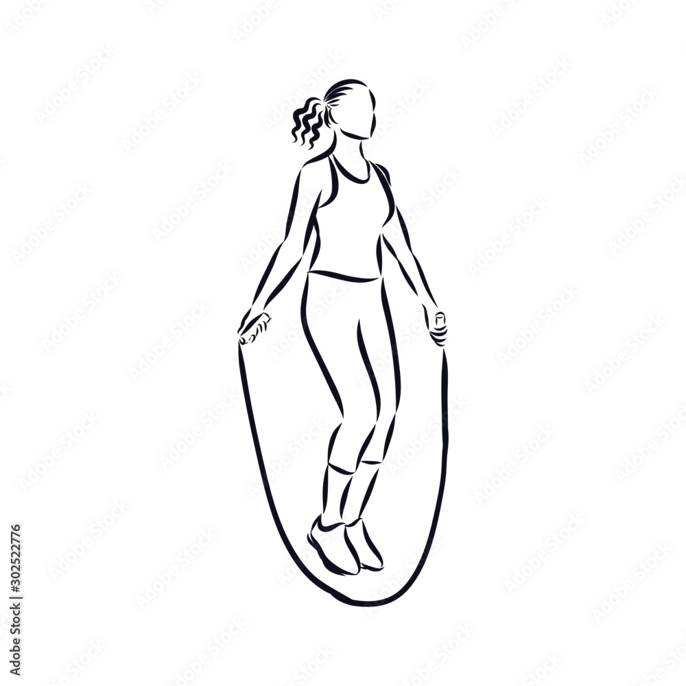 sketch of woman jumping rope, contour vector illustration Stock Vector ...