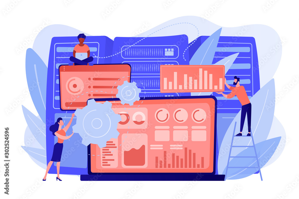 Laptop with data visualization software and developers working. Big ...