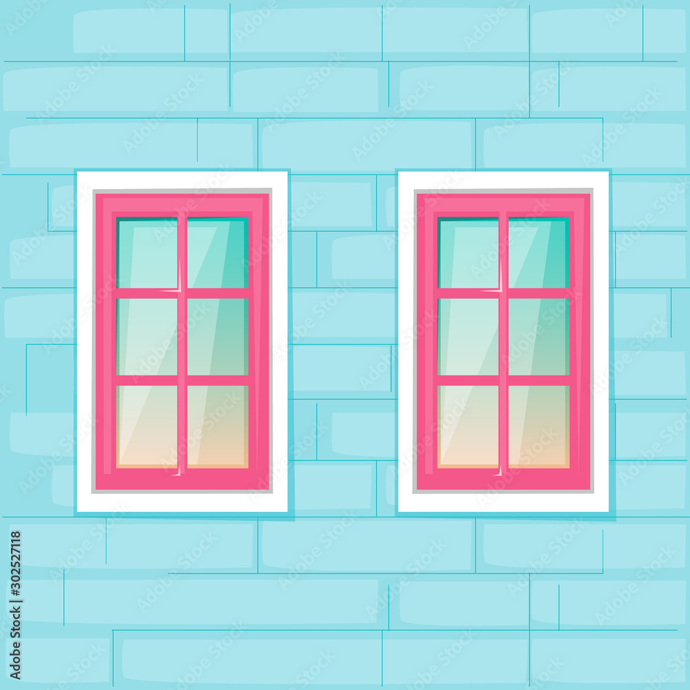 Windows on the blue brick wall background. Vector illustration cartoon ...
