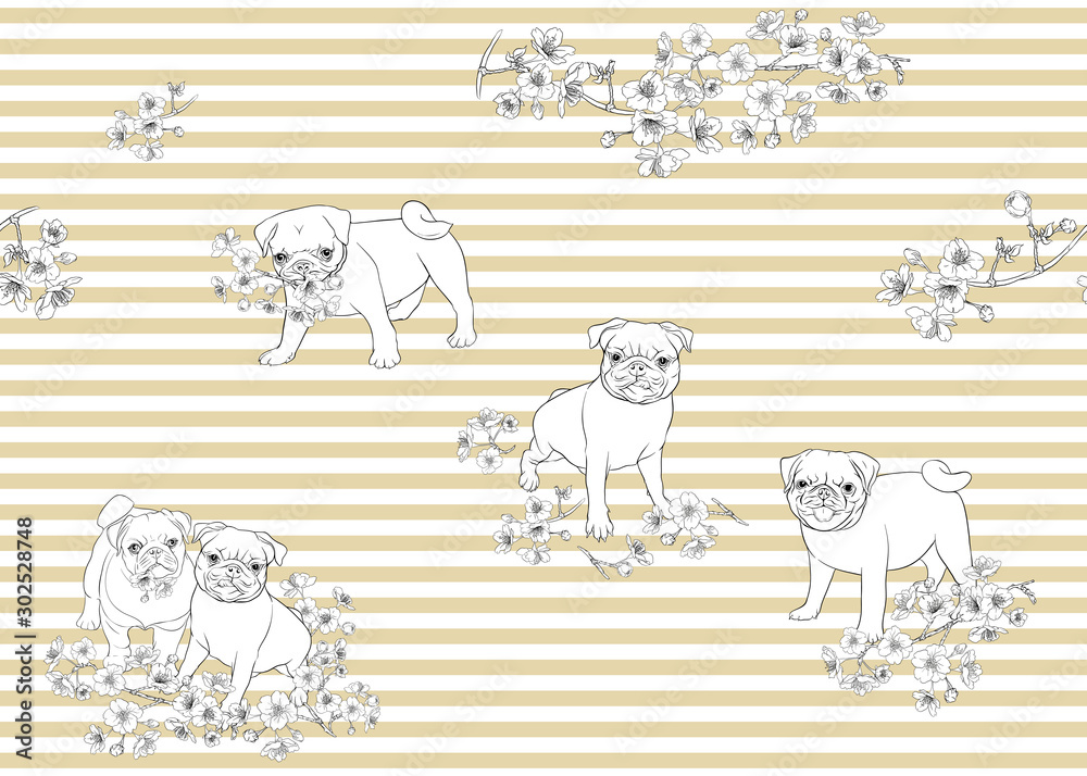 Seamless pattern with Pug dogs with blooming sakura spring flowers ...