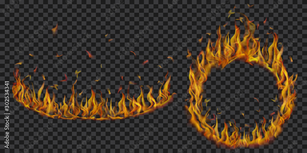 Set of translucent fire flames in the shape of an arc and a circle on ...