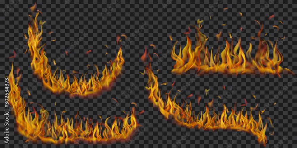Set of translucent fire flames of various shapes on transparent ...