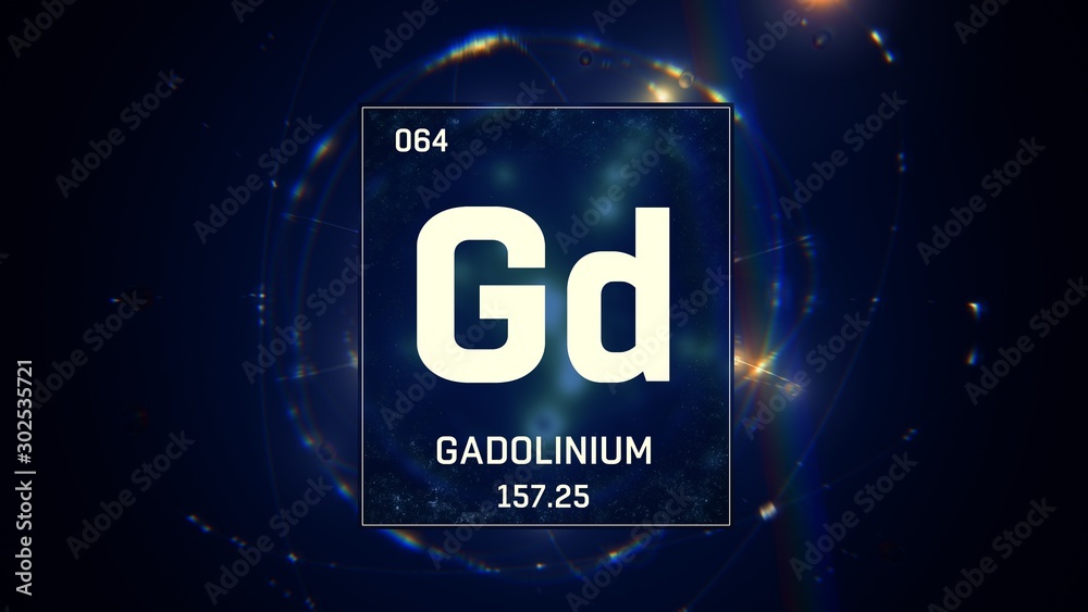 3D illustration of Gadolinium as Element 64 of the Periodic Table. Blue ...