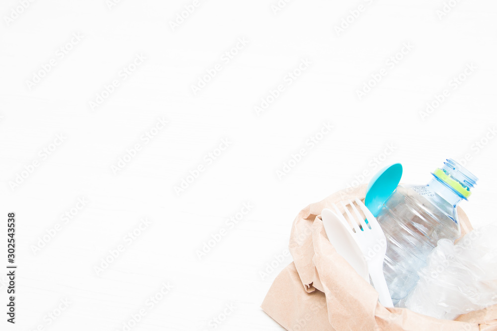 plastic trash in a paper bag, eco friendly concept, recycling Stock ...