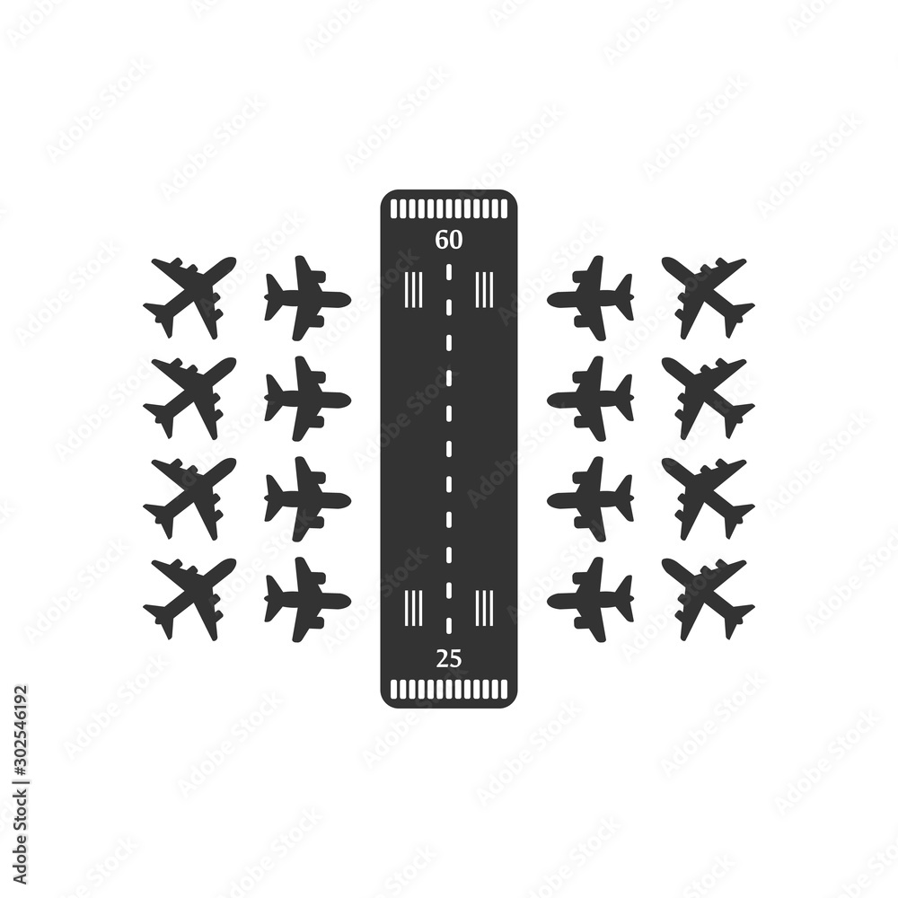 Takeoff and landing airplanes set. Runway with jet aircraft top view ...