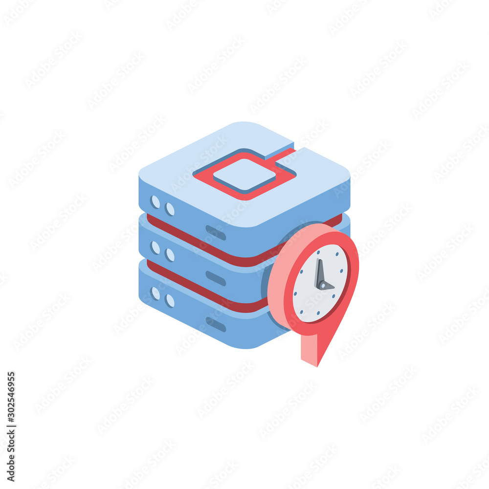 Server Map label time clock. Vector 3d isometric, color web icon, new ...