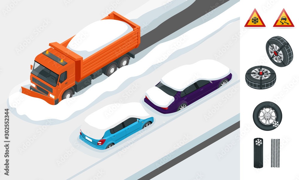 Snow plough truck clearing road after white-out winter snowstorm ...