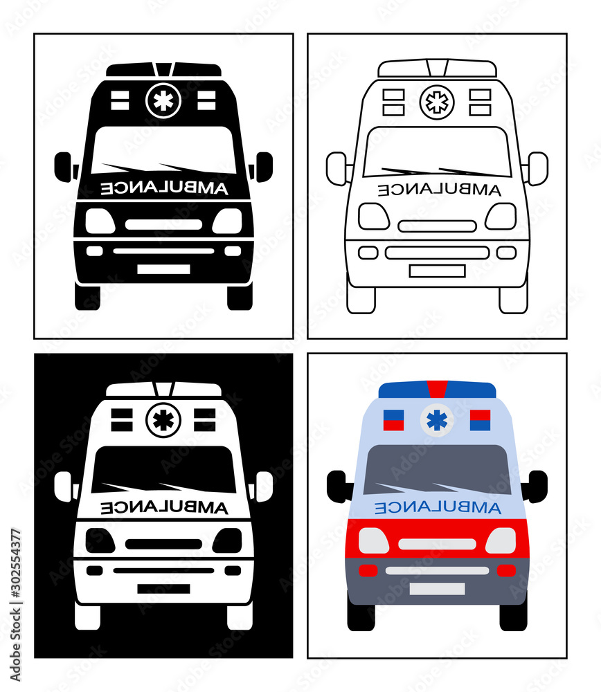 Ambulance vehicle symbol presented as pictogram, black and white, line ...