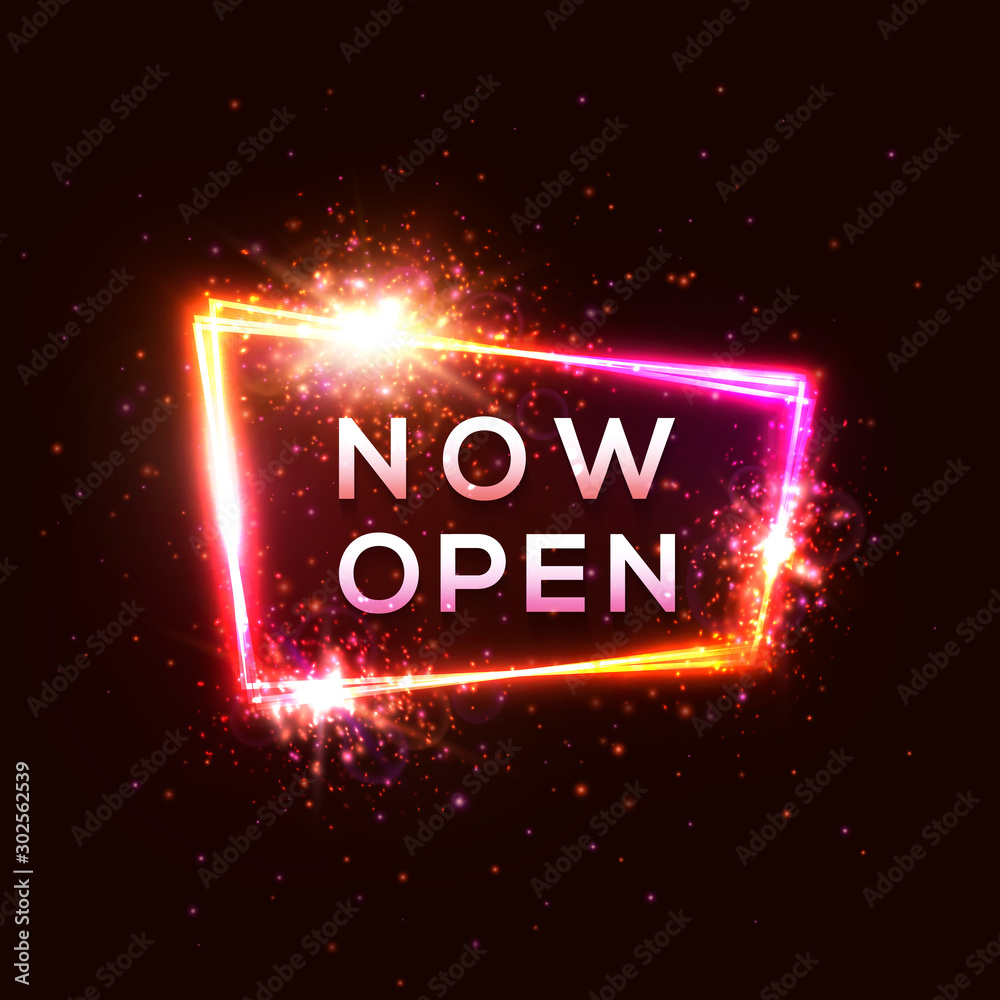 Now Open neon sign on dark red background. Shining rectangle electric ...
