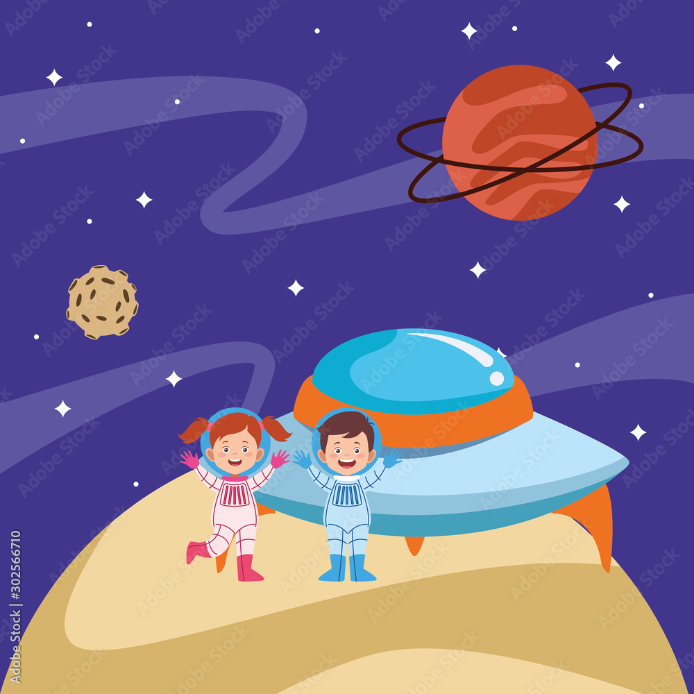 cartoon astronauts kids and flying saucer in the space with planets ...