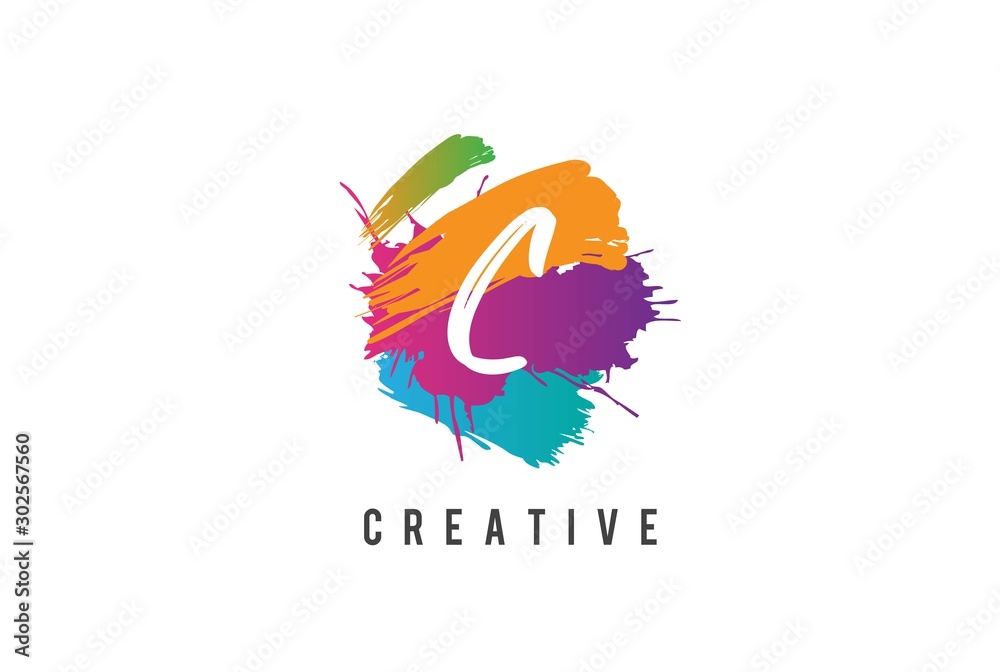 Hand lettering brush initial letter C inside colorful paintbrush ...
