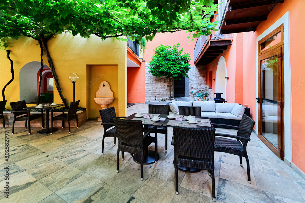 Terrace of Hotel breakfast restaurant interior and background. Empty ...