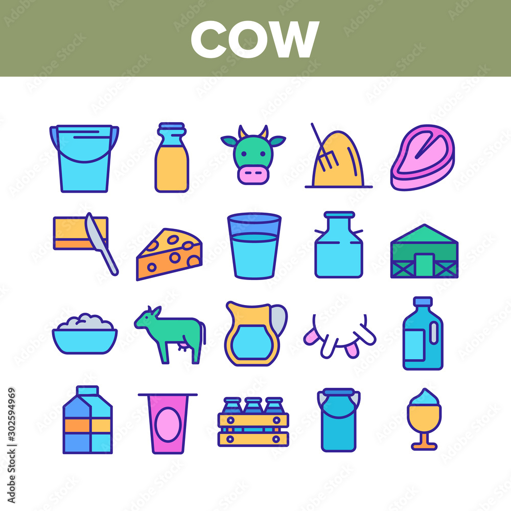 Cow Farming Animal Collection Icons Set Vector Thin Line. Cow Meat ...