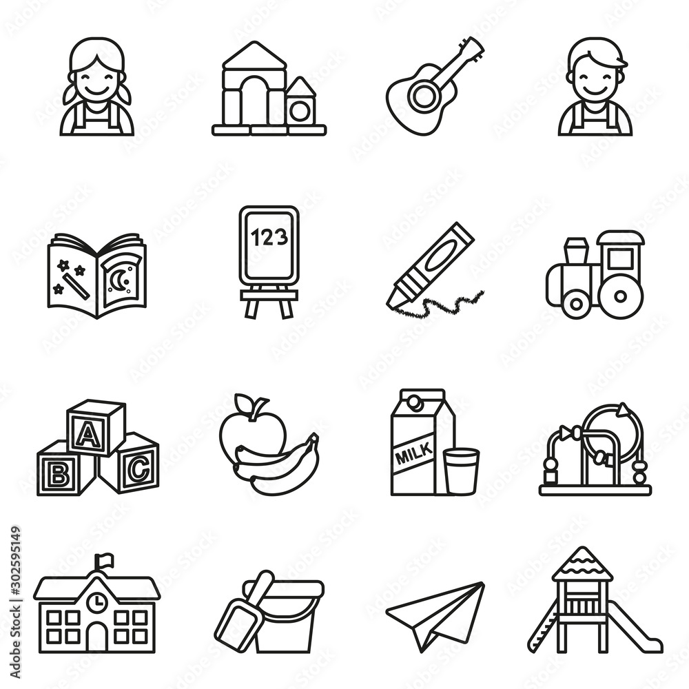 Kindergarten, Preschool, Objects Icons Set, Kids, Education, Learning ...