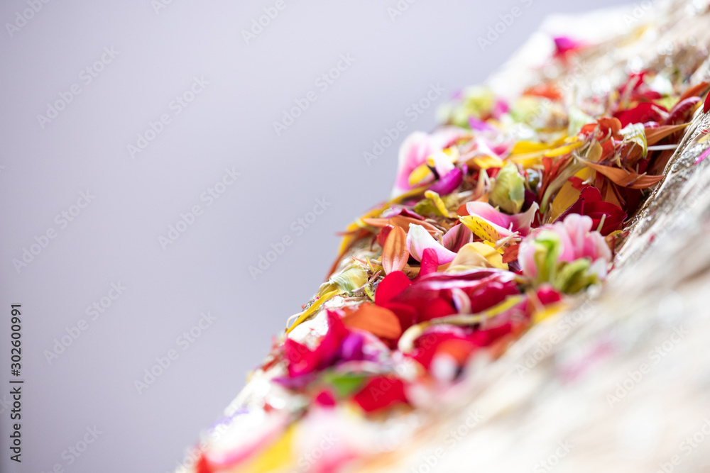 Indian Sikh Ritual birthday ceremony flowers and donation box Stock ...