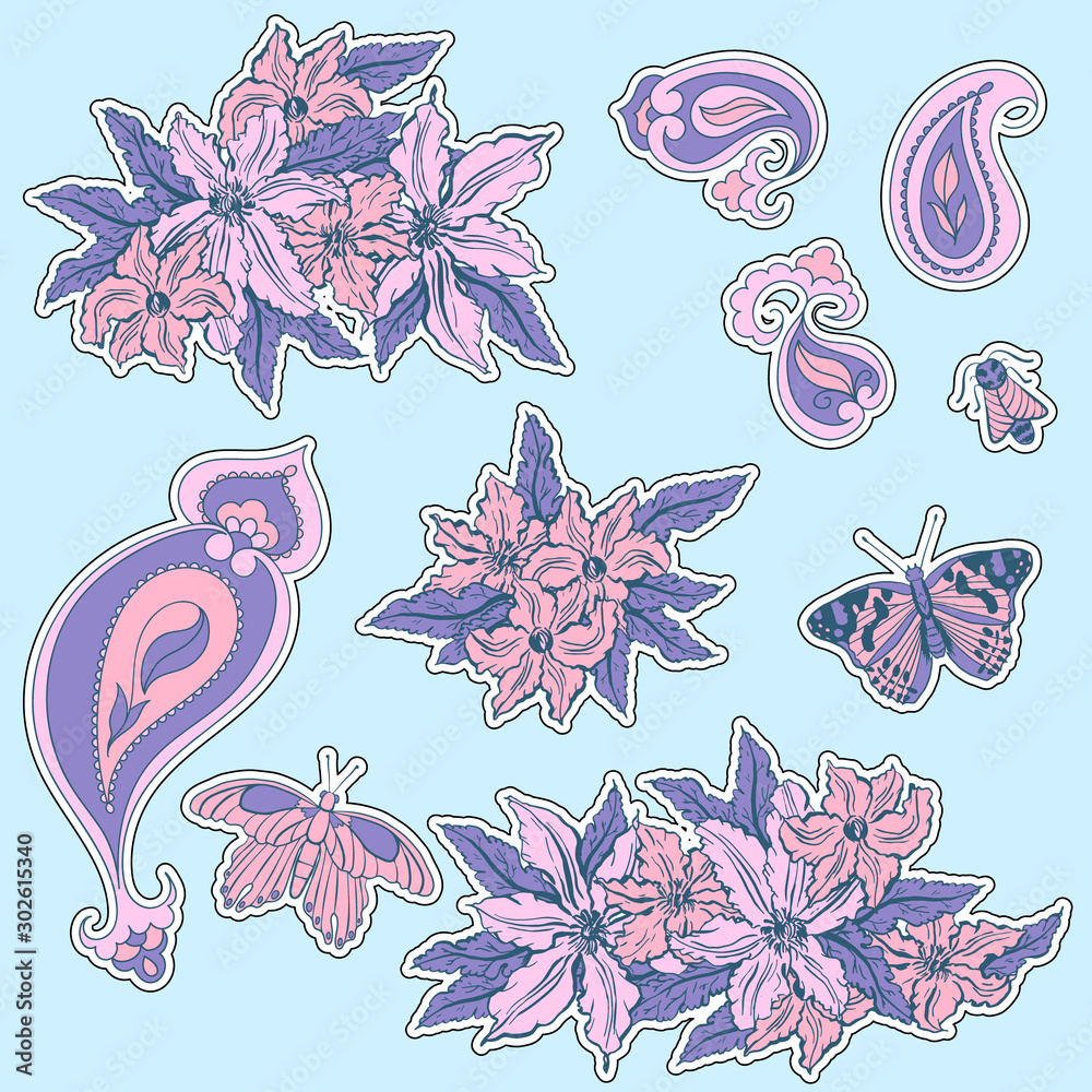 Set of clematis and butterfly patches elements. Set of stickers, pins ...
