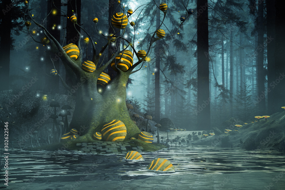 Fantasy image if a large swamp tree with black and yellow hives, 3d ...