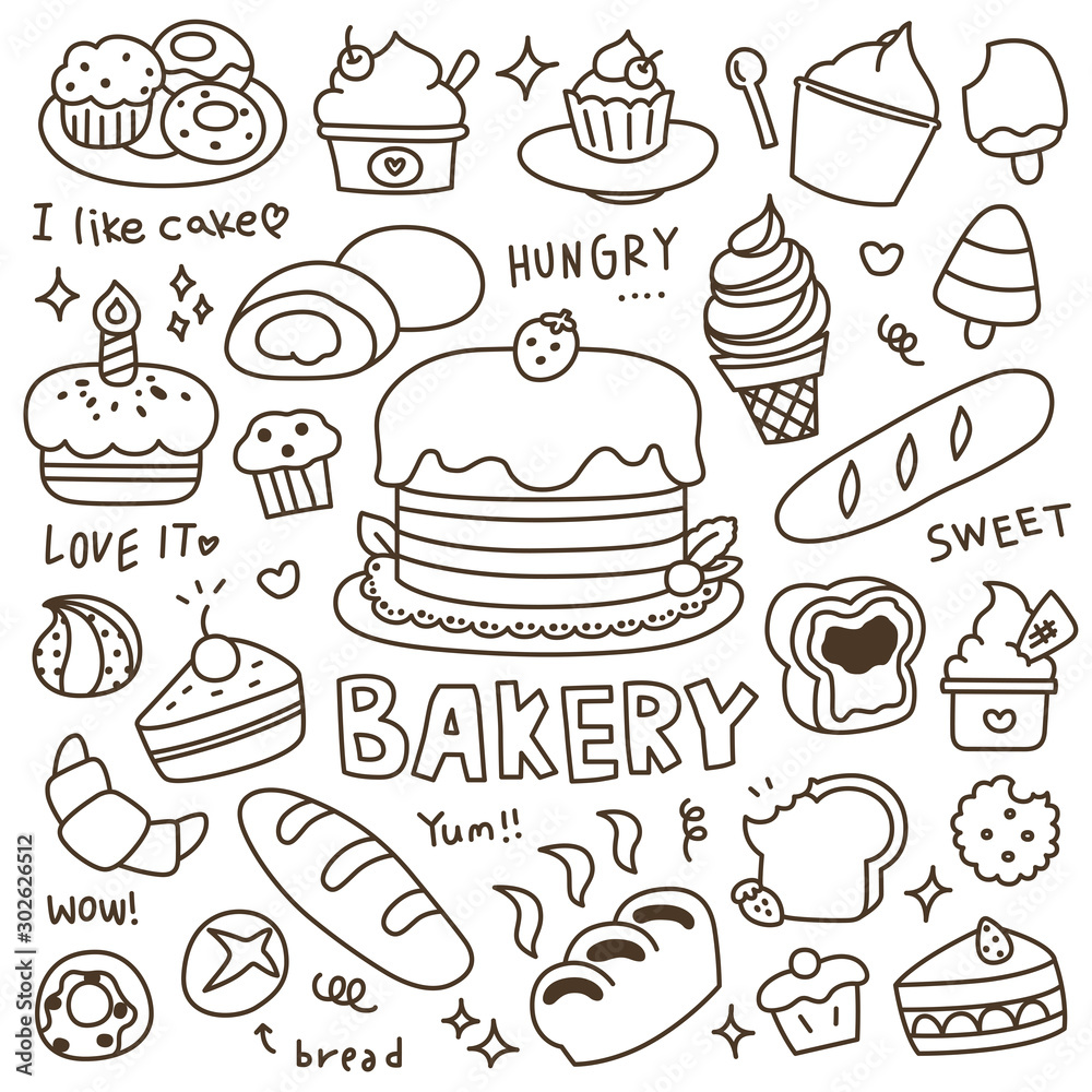 Set of Cute Bakery, Pastry and Dessert Doodle. Hand Drawn. Vector ...