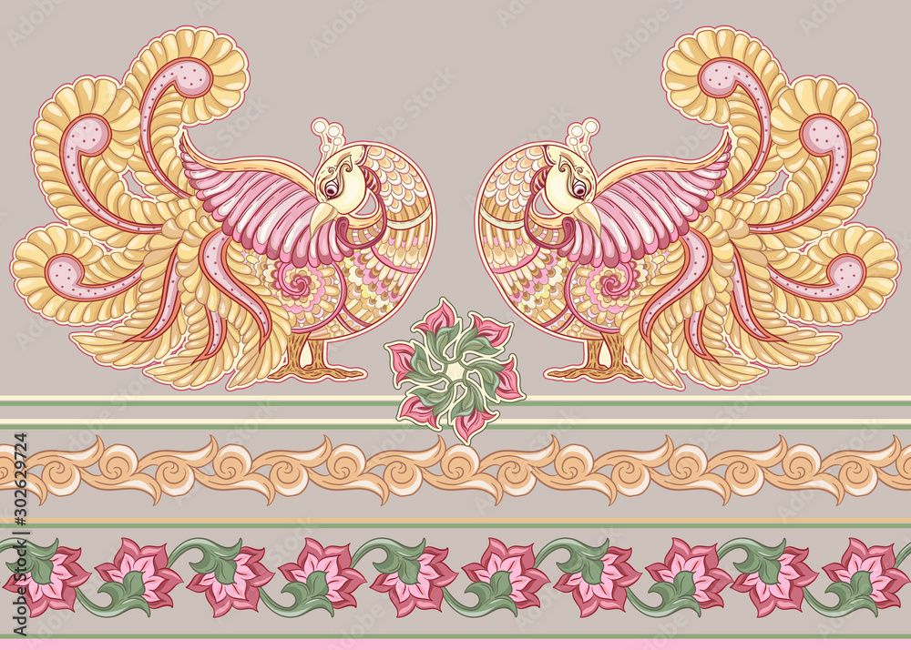 Seamless Indian floral ethnic pattern with bird. Colored vector ...