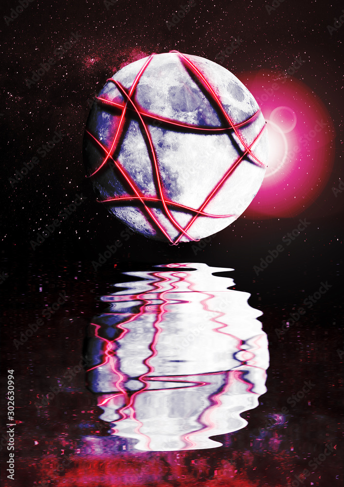 Surrealist background with moon tied by neon strings, reflected in the ...
