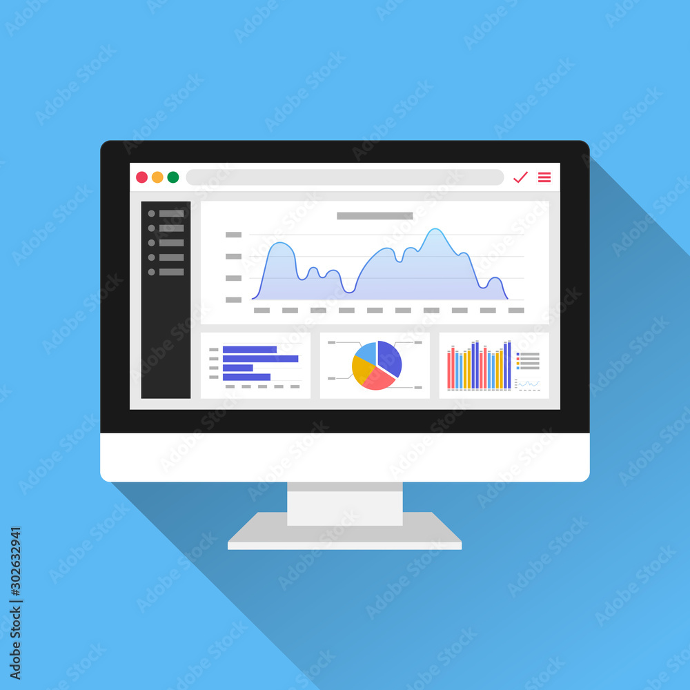 Web analytic information on Computer screen flat icon. trend graphs ...