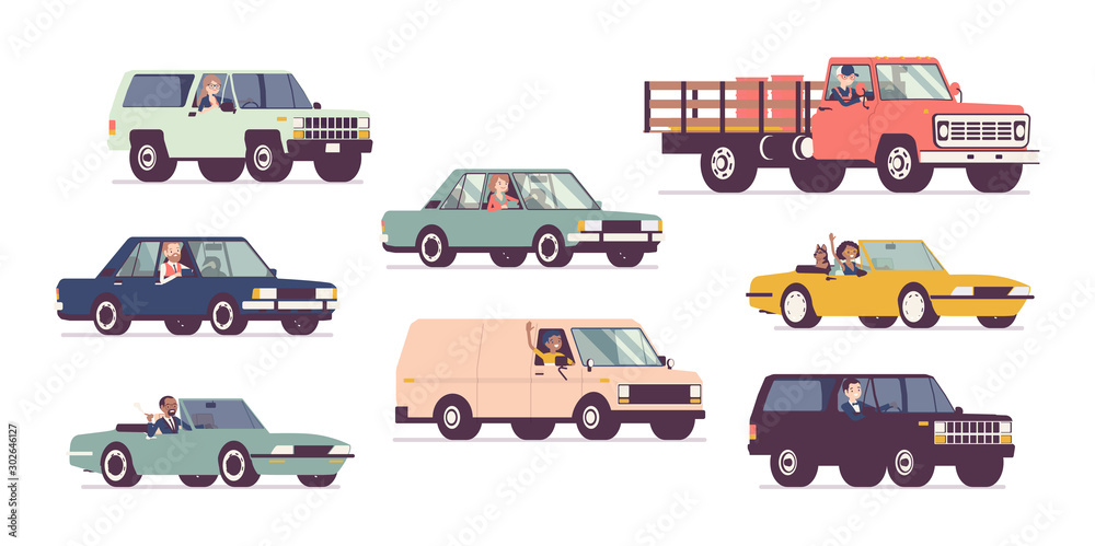 Cars and drivers set, business transportation, urban trip. Male, female ...