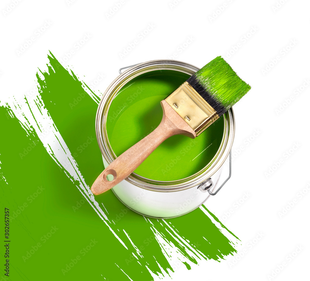 green paint tin can with brush on top on a white background with green ...