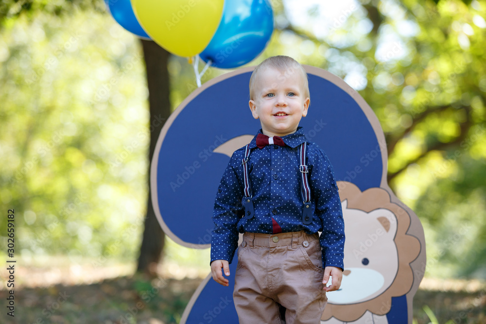 Portrait of a cute little boy on the background of nature. Birthday of ...