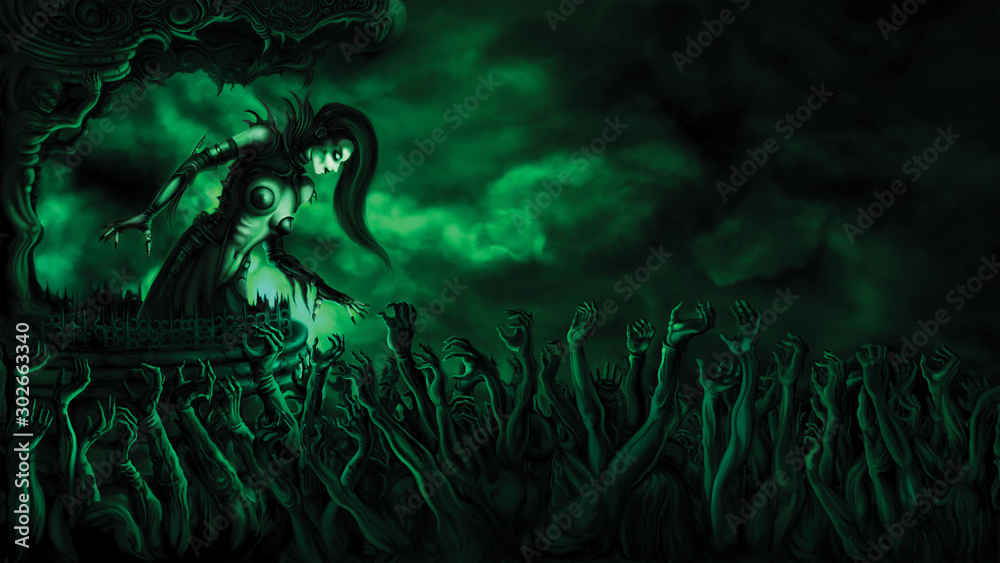 Zombie crowd greeting lady necromancer background/ Illustration warlock ...